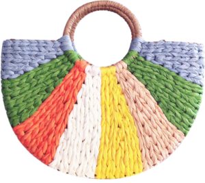 qzunique straw handbags rainbow stitching top handle tote women's summer beach natural casual satchel shoulder bag