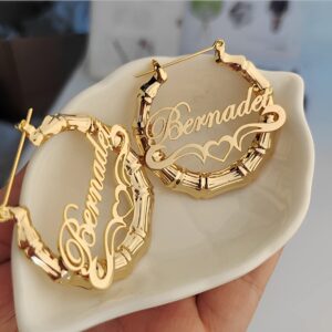 HAOQINA Custom Name Earrings Personalized Bamboo Hoop Earrings 18K Gold Plated Customize Earrings for Women Hip-Hop Fashion Jewelry Gift