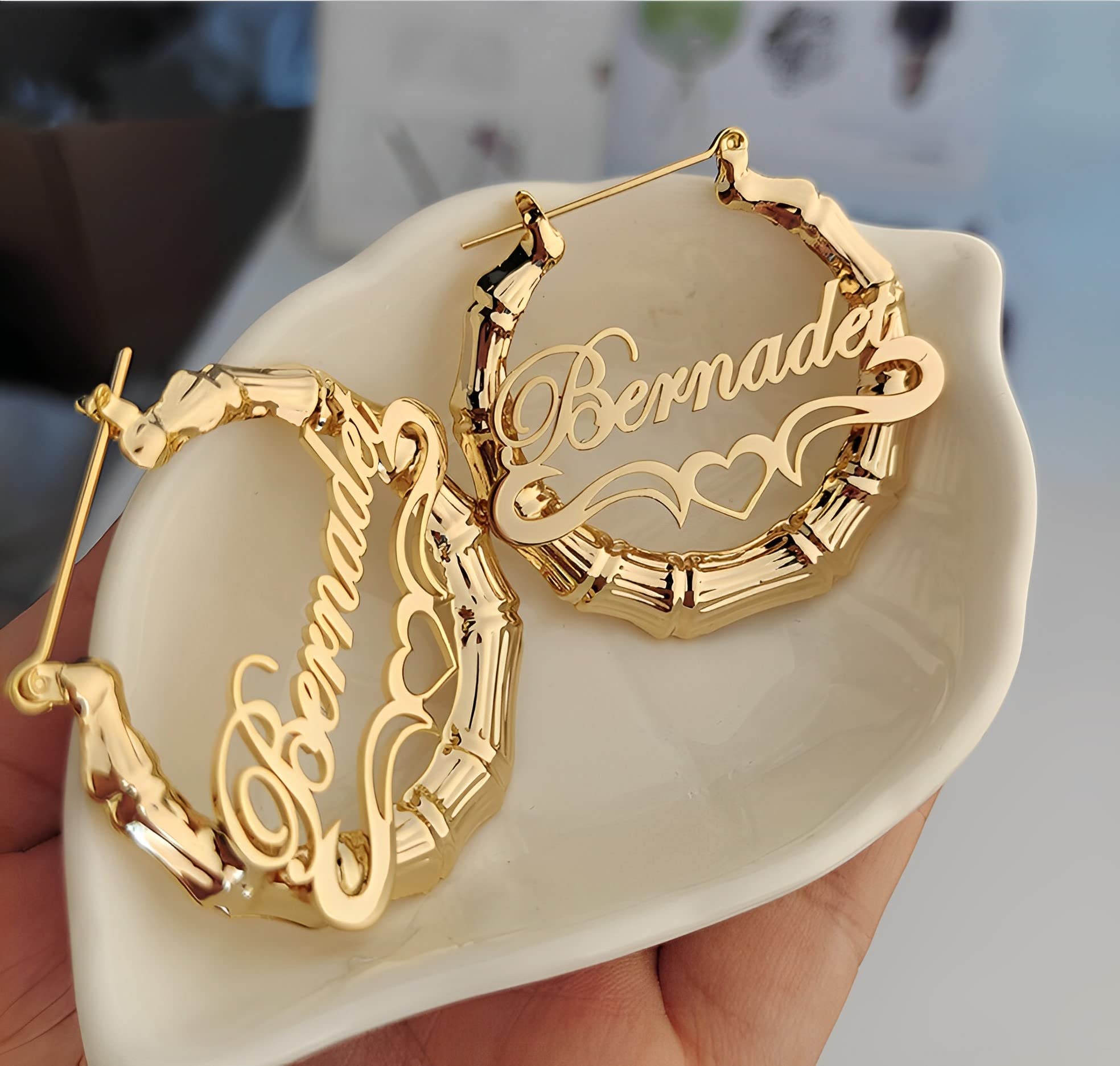 HAOQINA Custom Name Earrings Personalized Bamboo Hoop Earrings 18K Gold Plated Customize Earrings for Women Hip-Hop Fashion Jewelry Gift