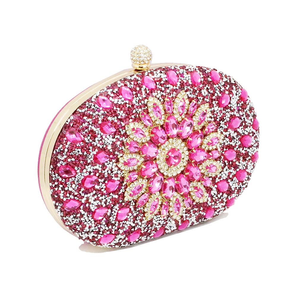 Pink Clutch Purses for Women Rhinestone Crystal Evening Bag Beaded Wedding Flower Handbag (773Fuchsia)