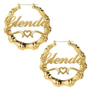 haoqina custom name earrings personalized bamboo hoop earrings 18k gold plated customize earrings for women hip-hop fashion jewelry gift