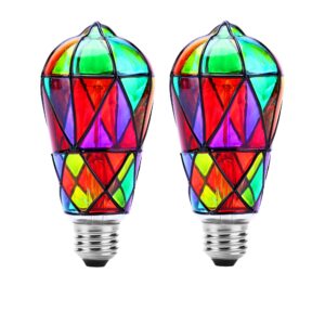 tidorlou 2 pack stained glass led light bulb, dimmable e26 medium base, st64 3.5w led bulb for home party, balcony, garden, christmas halloween decoration