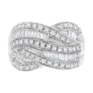 haus of brilliance .925 sterling silver 1.0 cttw channel set alternating round and baguette diamond cross-over bypass ring band (i-j color, i2-i3 clarity) - size 6