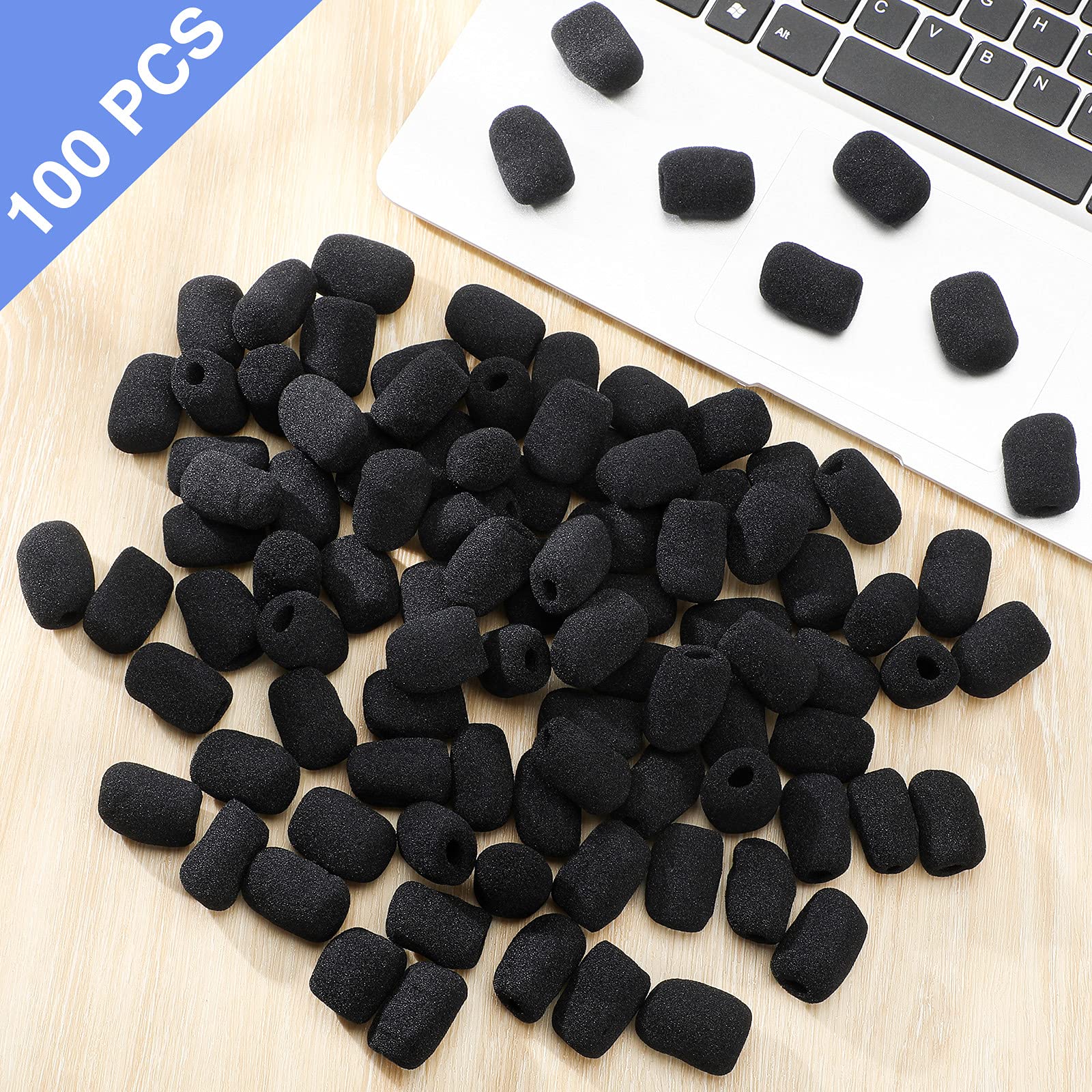 100 Pieces Mini Foam Microphone Windscreen Mic Covers Foam Protection for Small Lapel and Headset Microphones, Black