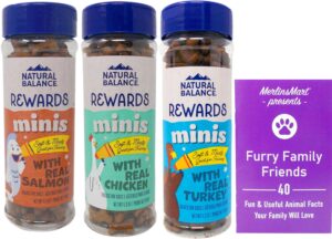 naturals balance l.i.d. mini rewards dog treats 3 flavor bundle - (1) each: salmon, chicken, turkey (5.3 ounces) - plus fun animal facts booklet bundle