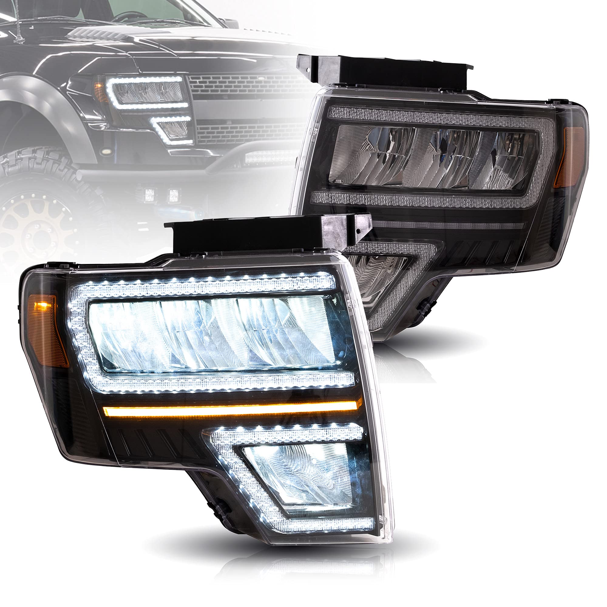 VLAND LED Reflective Bowl Headlights Compatible For [2009-2014 Ford F150 XL, STX, XLT, FX2, Lariat, FX4, King Ranch,SVT Raptor, Platinum] W/Dynamic DRL, Fit Factory Xenon & Halogen Version