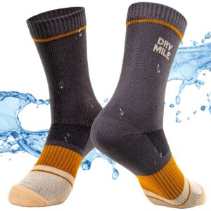 drymile slim waterproof socks, thin moisture wicking winter waterproof socks for men & women, golf, cycling - crew (l, charcoal and khaki)