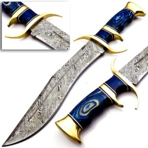 skokie knives damascus steel kukari knife with blue pakka wood h & brass guard –15” handmade premium quality sharp edge fix blade -genuine multipurpose knife ideal for hunting, camping (kukri blue)