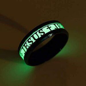 JAJAFOOK 8mm 316L Stainless Steel Jesus Cross Ring Glow in The Dark Ring Luminous Effect Ring Wedding Band, Blue 6