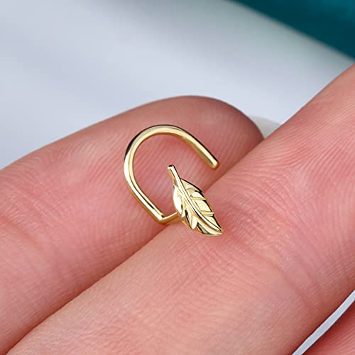 COCHARM Solid 14K Gold Nose Stud Yellow Gold Nose Ring Stud for Women 20g Real Gold Nostril Screw Nose Stud 14K Twist Leaf Nose Screw Stud