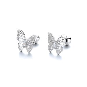 18g cute butterfly stud earrings sterling silver 925 dainty cubic zriconia crystal cartilage tragus helix earring studs barbell bar with screw back hypoallergenic ear piercing jewelry gifts for women