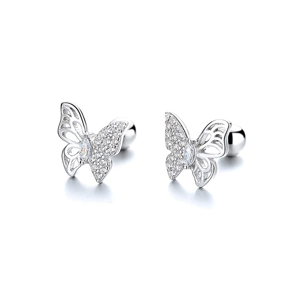 18G Cute Butterfly Stud Earrings Sterling Silver 925 Dainty Cubic Zriconia Crystal Cartilage Tragus Helix Earring Studs Barbell Bar with Screw Back Hypoallergenic Ear Piercing Jewelry Gifts for Women