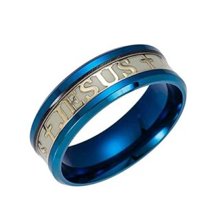 jajafook 8mm 316l stainless steel jesus cross ring glow in the dark ring luminous effect ring wedding band, blue 6