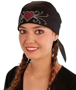 black skull cap with red heart & swirls rhinestud - american made embellished classic skull cap - skull cap doo rag do rag headwrap - made in usa!