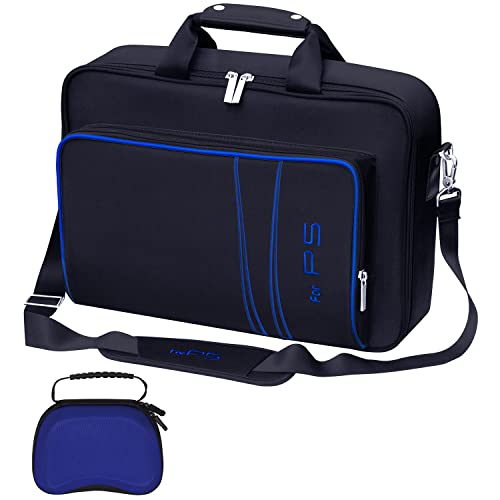 omarando Gaming Console Carrying Case,Compatible with PS5 or PS5 Slim,Travel Carrying Bag for Game Controller and Accessories,Included Controller Protective Box(Black-Blue)