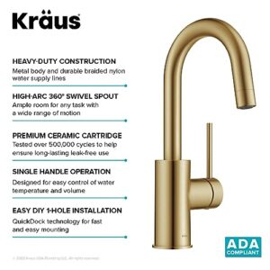 KRAUS Oletto Single Handle Kitchen Bar Faucet with QuickDock Top Mount Assembly in Brushed Brass, KPF-2600BB, 12 1/2 Inch