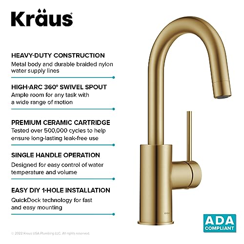 KRAUS Oletto Single Handle Kitchen Bar Faucet with QuickDock Top Mount Assembly in Brushed Brass, KPF-2600BB, 12 1/2 Inch