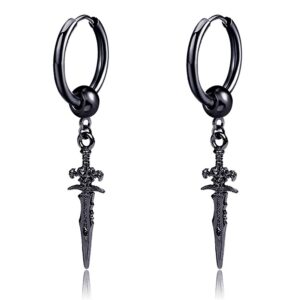 sword drop dangle small hoop earrings for women men stainless steel engrave animal cross dagger halloween statement charms drop dangling hoops cuff cartilage wrap vintage punk pray jewelry (black)