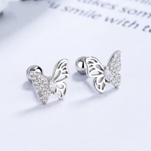 18G Cute Butterfly Stud Earrings Sterling Silver 925 Dainty Cubic Zriconia Crystal Cartilage Tragus Helix Earring Studs Barbell Bar with Screw Back Hypoallergenic Ear Piercing Jewelry Gifts for Women