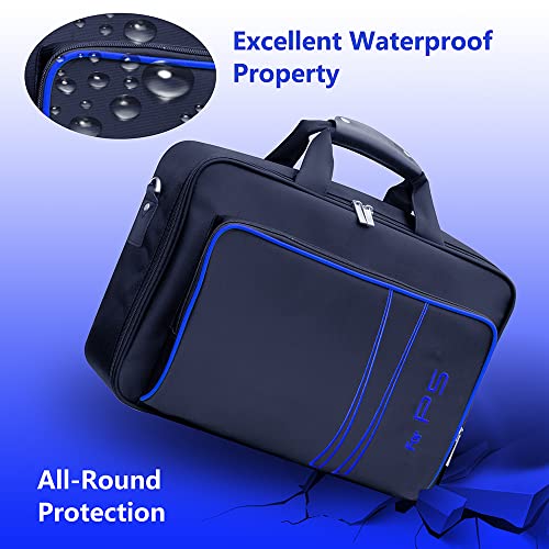 omarando Gaming Console Carrying Case,Compatible with PS5 or PS5 Slim,Travel Carrying Bag for Game Controller and Accessories,Included Controller Protective Box(Black-Blue)