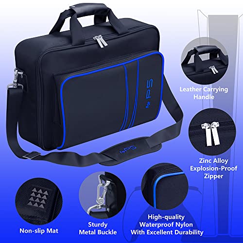 omarando Gaming Console Carrying Case,Compatible with PS5 or PS5 Slim,Travel Carrying Bag for Game Controller and Accessories,Included Controller Protective Box(Black-Blue)