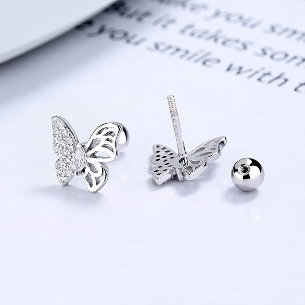 18G Cute Butterfly Stud Earrings Sterling Silver 925 Dainty Cubic Zriconia Crystal Cartilage Tragus Helix Earring Studs Barbell Bar with Screw Back Hypoallergenic Ear Piercing Jewelry Gifts for Women