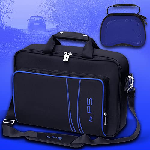 omarando Gaming Console Carrying Case,Compatible with PS5 or PS5 Slim,Travel Carrying Bag for Game Controller and Accessories,Included Controller Protective Box(Black-Blue)