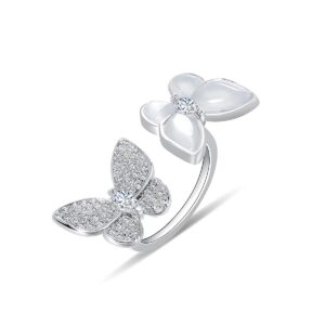 u/b double butterfly rings for women natural opal ring ladies fashion hand jewelry aaa cubic zirconia adjustable ring (silver)