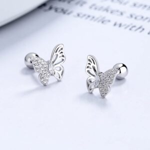 18G Cute Butterfly Stud Earrings Sterling Silver 925 Dainty Cubic Zriconia Crystal Cartilage Tragus Helix Earring Studs Barbell Bar with Screw Back Hypoallergenic Ear Piercing Jewelry Gifts for Women