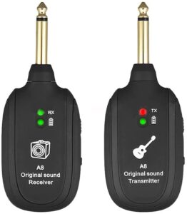 wireless guitar system, wireless guitar transmitter and receiver, 3.7v 600mah 20hz-20khz uhf built-in rechargeable support 4 channels transmitter receiver with plug for electric guitar bass organ