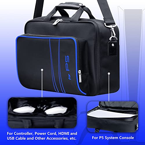 omarando Gaming Console Carrying Case,Compatible with PS5 or PS5 Slim,Travel Carrying Bag for Game Controller and Accessories,Included Controller Protective Box(Black-Blue)