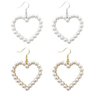 honbay 2 pairs pearl heart dangle earrings love heart earrings vintage pearl hoop studs circle beaded earrings for holiday valentine wedding or daily wear (2 color)