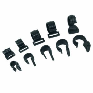 20pcs plastic c clamp for camping awning tent poles of 11mm/17mm/20mm/25mm black clip to fix tent cover screen for width of webbing strap less than 19mm/21mm/25mm