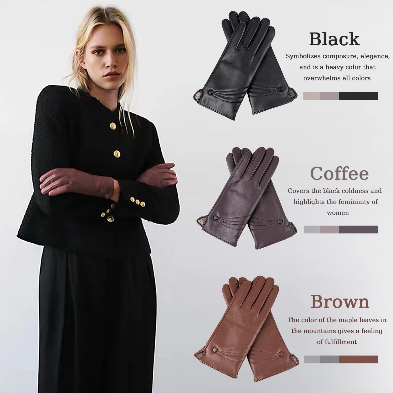 ISHISBEB Winter Leather Gloves for Women, Warm Touchscreen Driving Texting Cashmere Lined Gloves