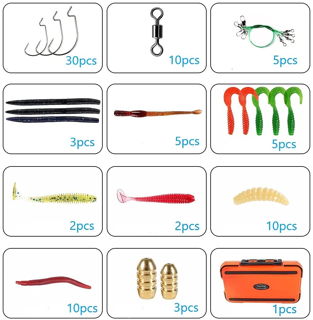 Fishinghappy 117PCS Fishing Lures Baits Tackle Including Topwater Frog Lures Crankbaits Spinnerbaits Plastic Worms Jigs Tackle Box and More Fishing Gear Lures