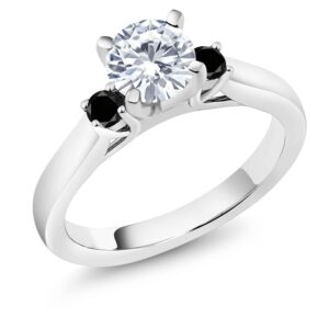 gem stone king 925 sterling silver white moissanite and black diamond 3-stone engagement ring for women (0.93 cttw, round 6mm, gemstone birthstone, size 9)