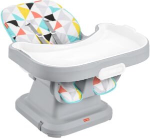 fisher-price spacesaver simple clean high chair baby to toddler portable dining seat with removable tray liner, windmill