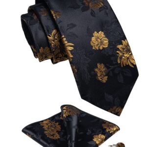 DiBanGu Men Golden Black Floral Neckties Silk Black Floral Tie and Pocket Square Cufflinks Party Wedding