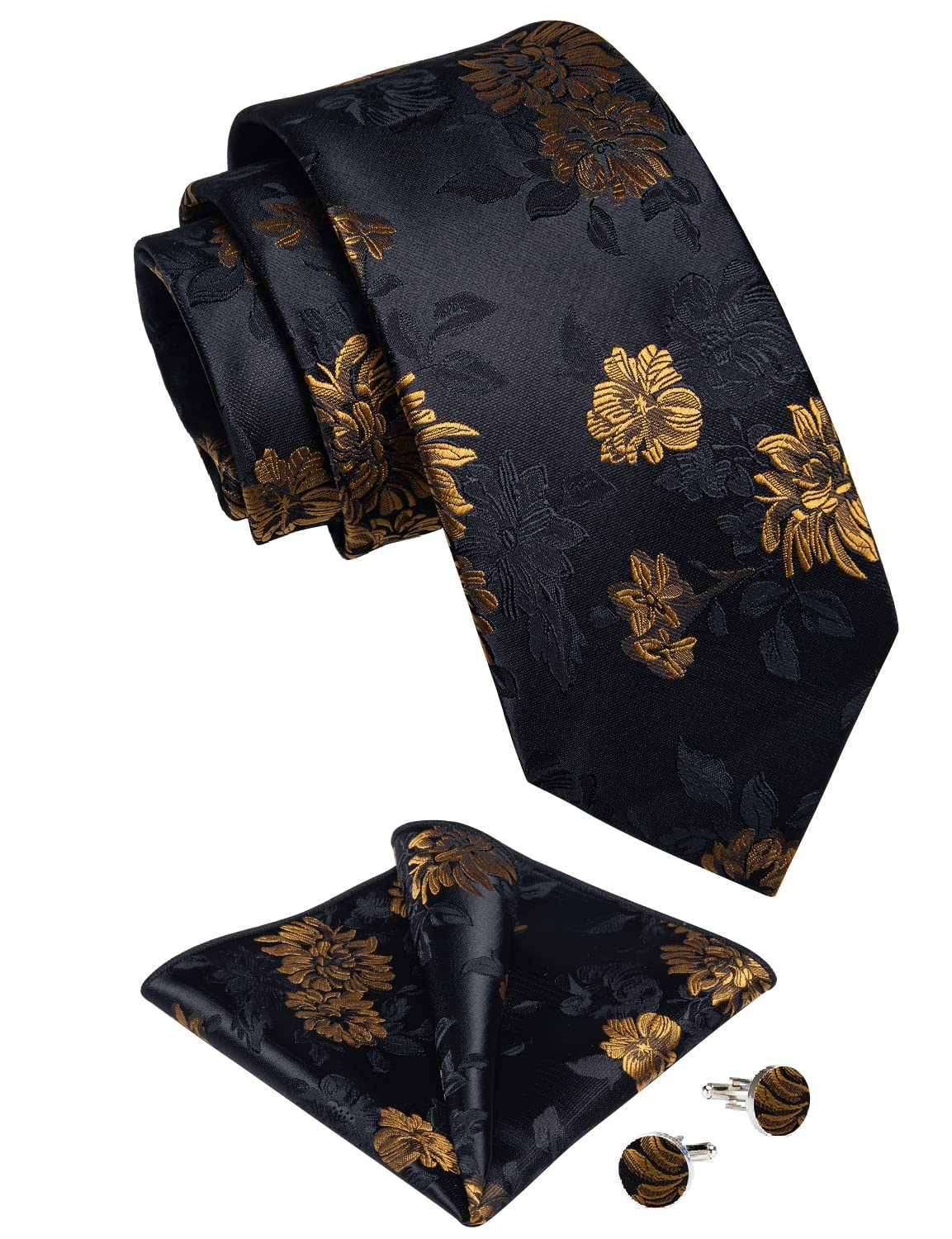 DiBanGu Men Golden Black Floral Neckties Silk Black Floral Tie and Pocket Square Cufflinks Party Wedding