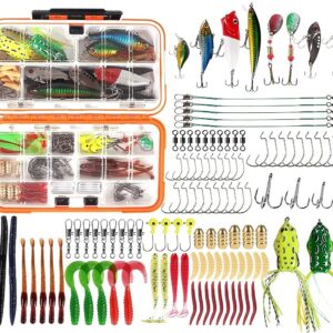 Fishinghappy 117PCS Fishing Lures Baits Tackle Including Topwater Frog Lures Crankbaits Spinnerbaits Plastic Worms Jigs Tackle Box and More Fishing Gear Lures