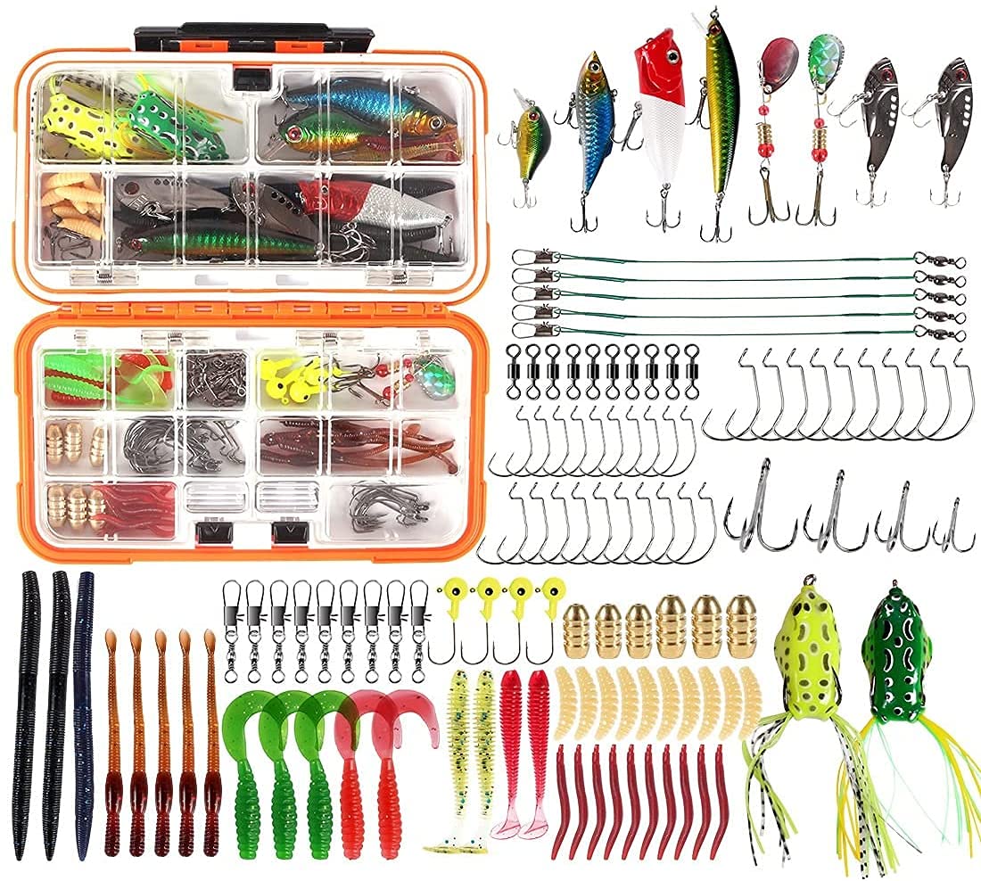 Fishinghappy 117PCS Fishing Lures Baits Tackle Including Topwater Frog Lures Crankbaits Spinnerbaits Plastic Worms Jigs Tackle Box and More Fishing Gear Lures