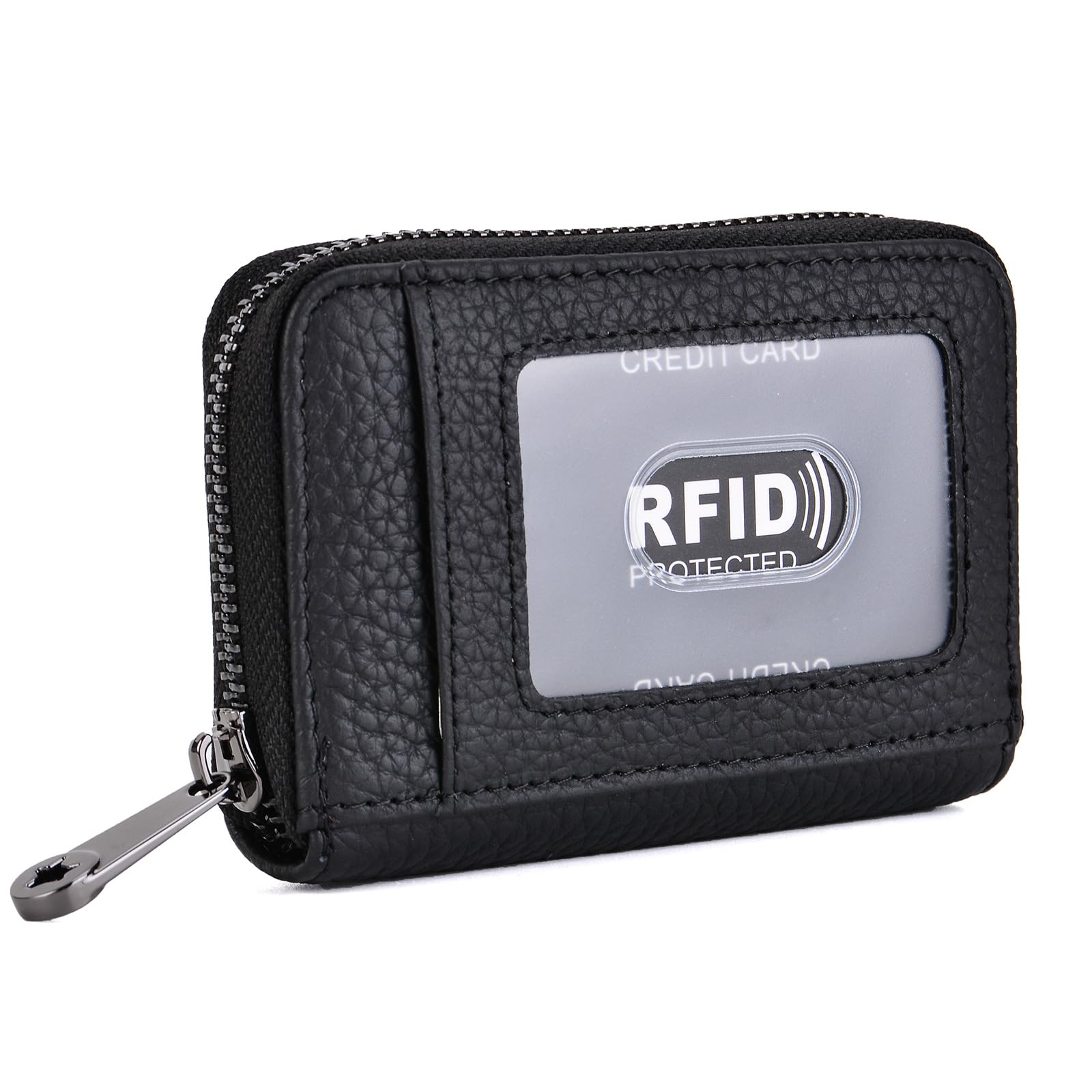 EASTNIGHTS Genuine Leather Credit Card Wallet Accordion Zipper Rfid Credit Card Holder Small Coin Purse with ID Window (black)