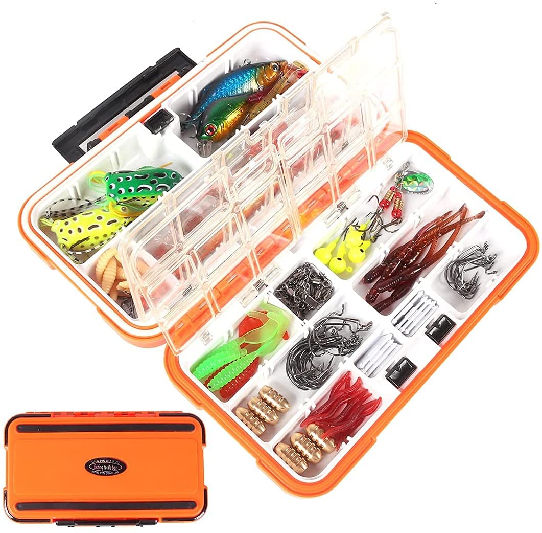 Fishinghappy 117PCS Fishing Lures Baits Tackle Including Topwater Frog Lures Crankbaits Spinnerbaits Plastic Worms Jigs Tackle Box and More Fishing Gear Lures