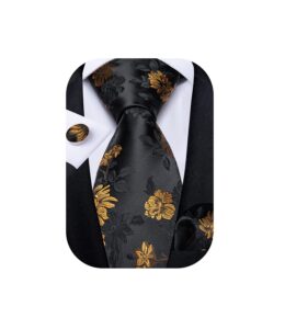 dibangu men golden black floral neckties silk black floral tie and pocket square cufflinks party wedding