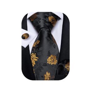 DiBanGu Men Golden Black Floral Neckties Silk Black Floral Tie and Pocket Square Cufflinks Party Wedding