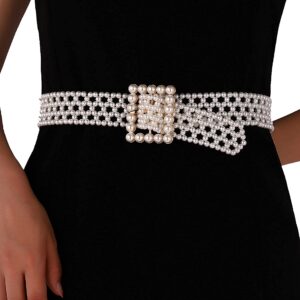 CHIC DIARY Women Bridal Pearl Belt White Beaded Elastic Crystal Rhinestone Waist Belt for Wedding Dress Belt (style 3)