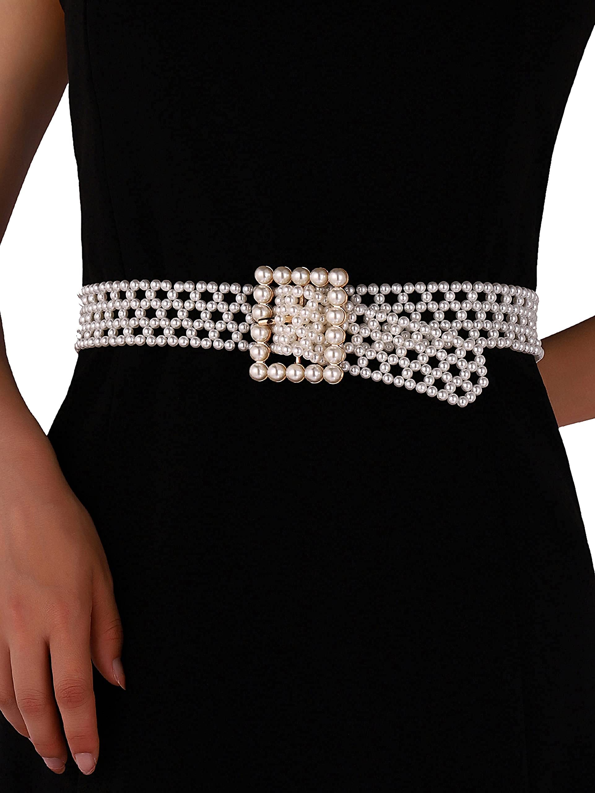 CHIC DIARY Women Bridal Pearl Belt White Beaded Elastic Crystal Rhinestone Waist Belt for Wedding Dress Belt (style 3)