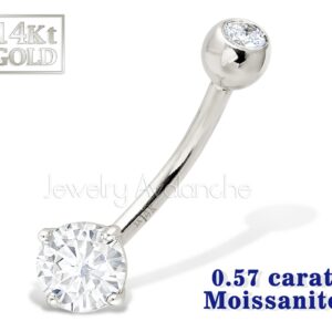 0.57ctw Moissanite Solid 14Kt White Gold Belly Ring, 14G Belly Button Barbell, Navel Piercing Jewelry, 14Kt Gold Body Jewelry - 14KBR02-MNT-WG