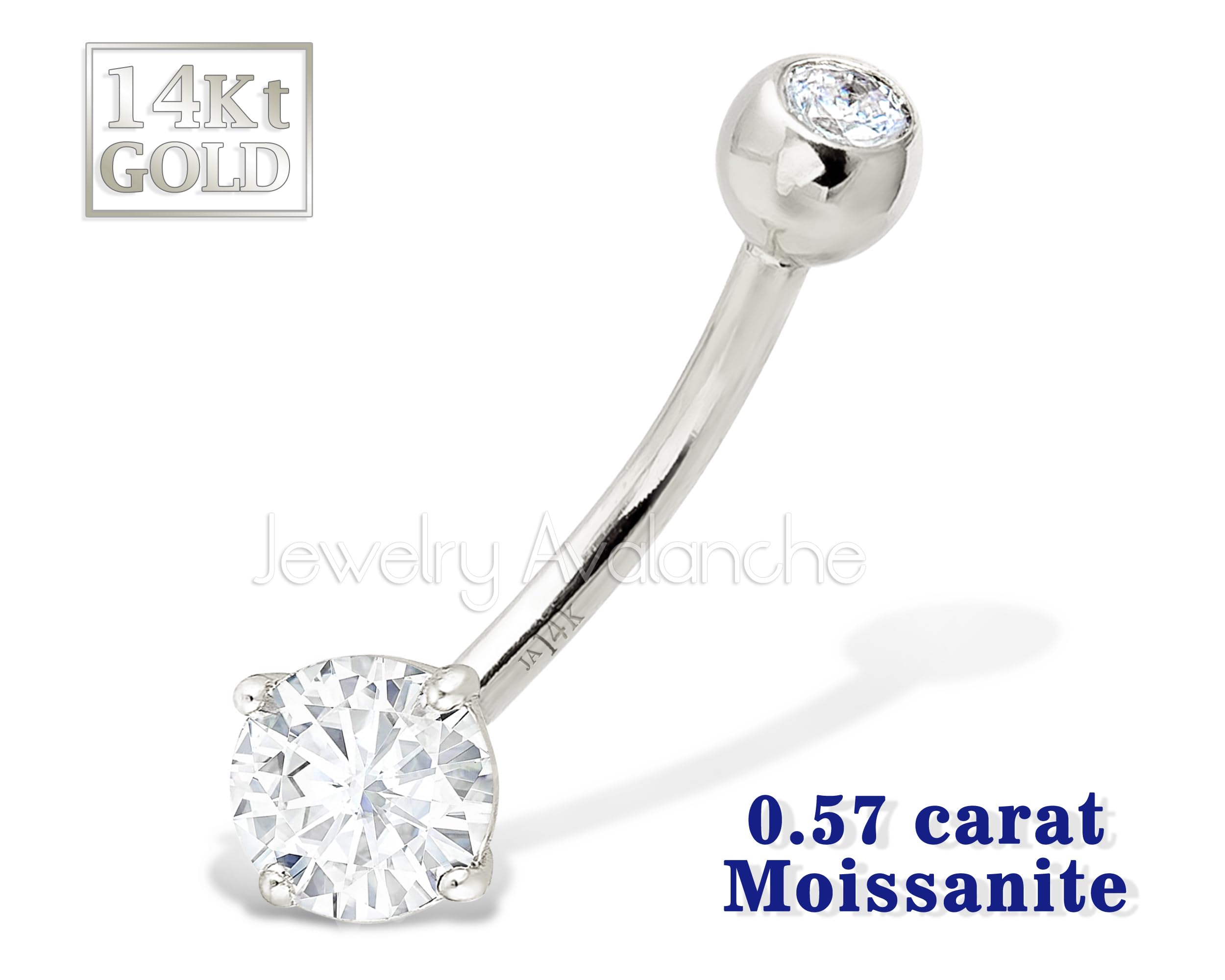 0.57ctw Moissanite Solid 14Kt White Gold Belly Ring, 14G Belly Button Barbell, Navel Piercing Jewelry, 14Kt Gold Body Jewelry - 14KBR02-MNT-WG