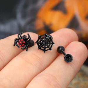 OUFER 3PCS Helix Earrings Spider Halloween Cartilage Tragus Set Spider Web Conch Piercing Jewelry Black Red Gem Tragus Studs